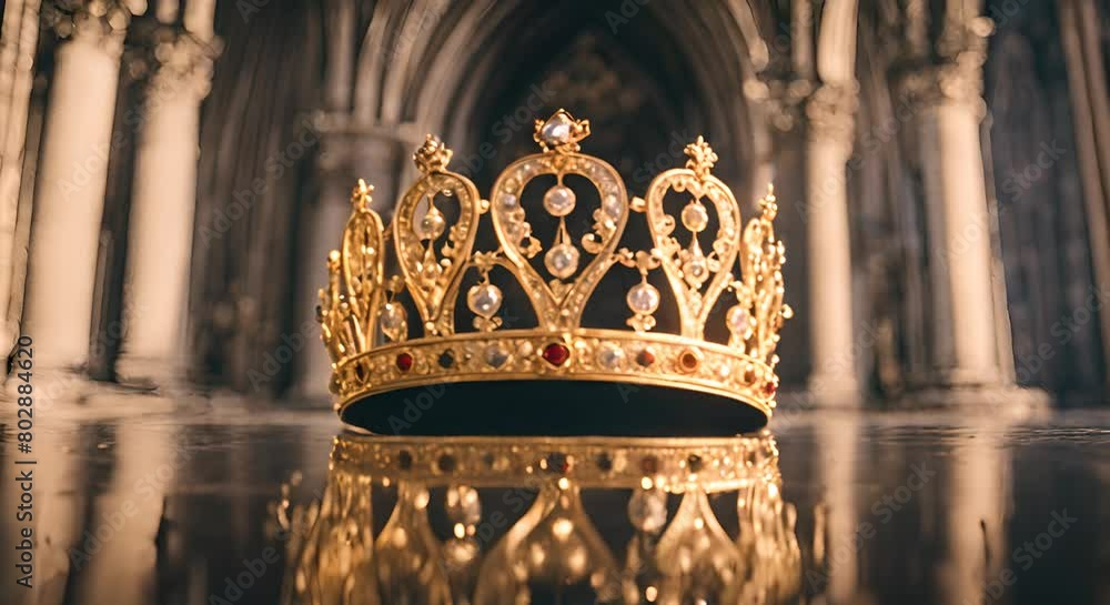 Vidéo Stock A gold royal king queen coronation crown with jewels and ...