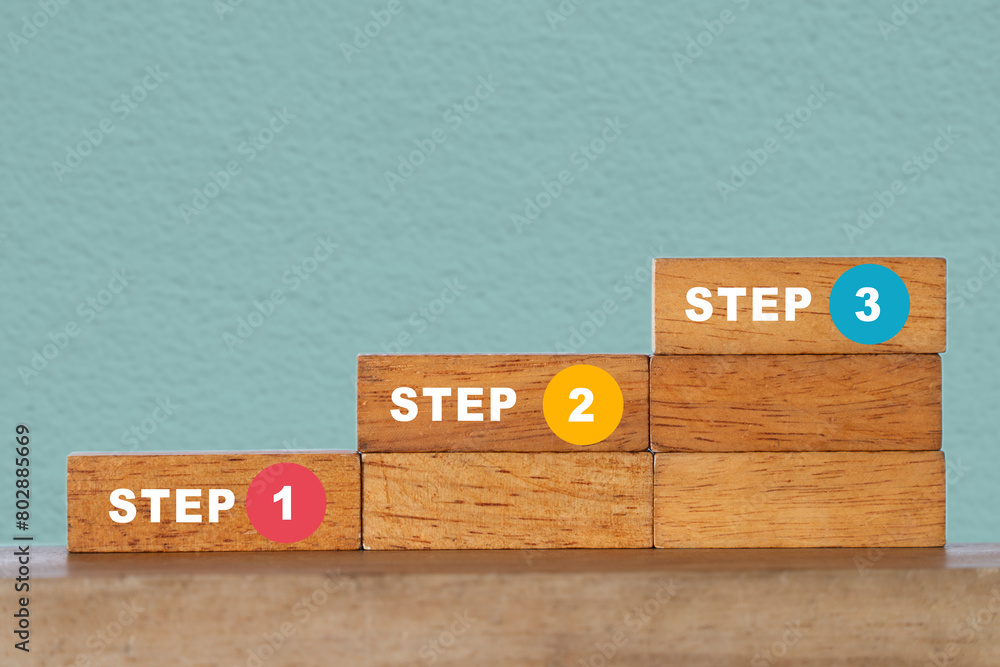 Step 1, 2, 3 on wooden cube block with blurred green concrete ...