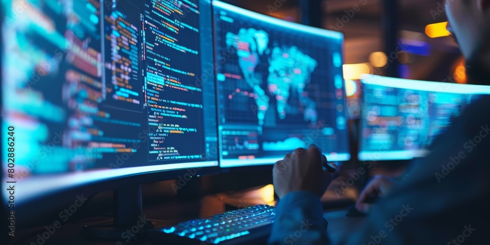 Programmer working on code in dark office with multiple displays ...
