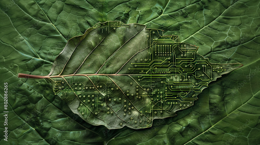Artistic depiction of a leaf morphing into complex circuitry, a visual ...