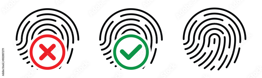 Set of fingerprint scan icons. thumb print symbol with approved and ...
