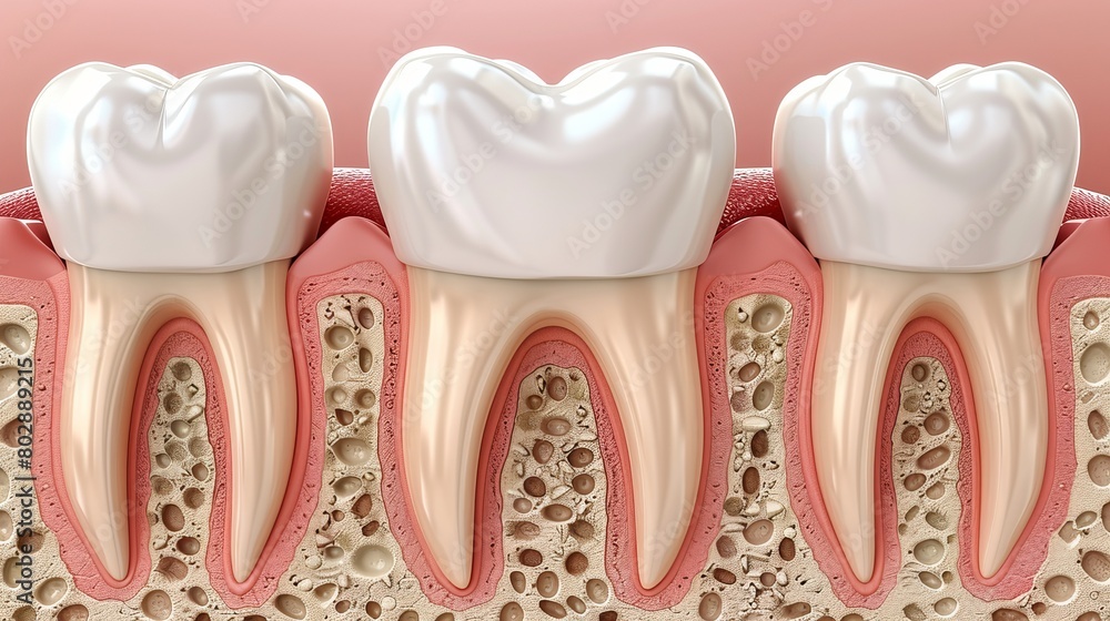 3D depiction of teeth in a cross-section, featuring nerve endings and ...