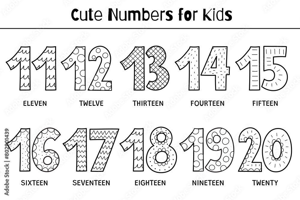 Doodle numbers 11-20 educational set for kids. Collection of black and ...