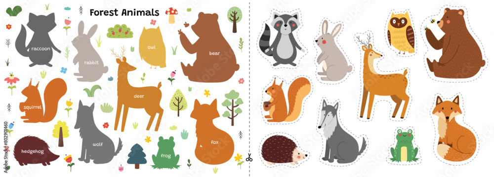 Forest animals cut and glue game with cute fox, wolf, bear and others ...