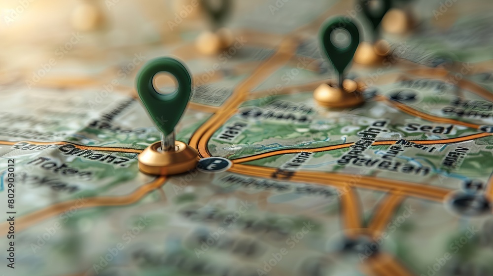 Green map pins and drawing pins with a location marker object depicted ...