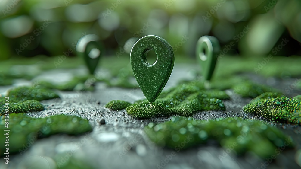 Green map pins and drawing pins with a location marker object depicted ...