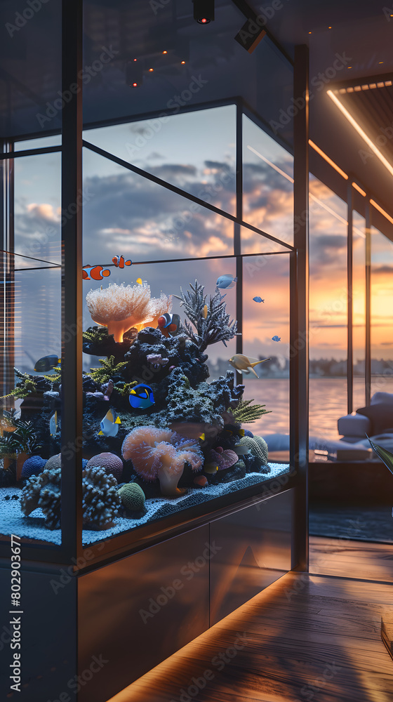 giant saltwater fish tank in a lofted midcentury modern penthouse ...
