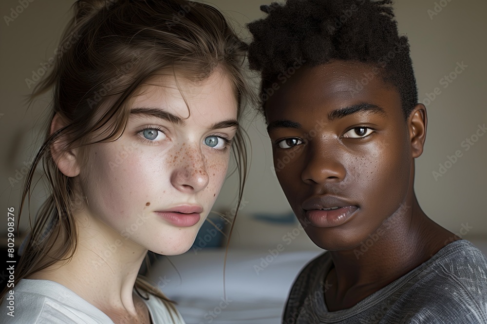 Young interracial couple of friends. White Caucasian woman with ...