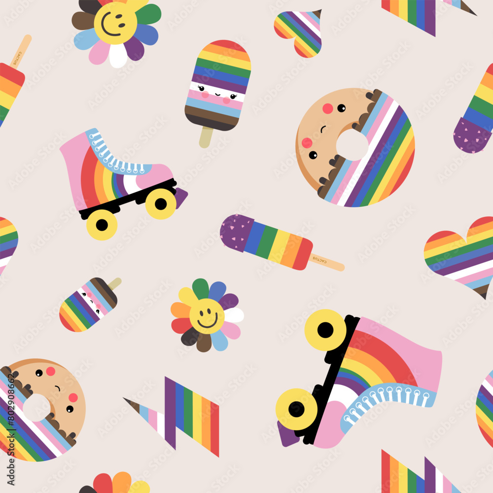 Pride Month seamless pattern, vector illustrations in rainbow colors ...