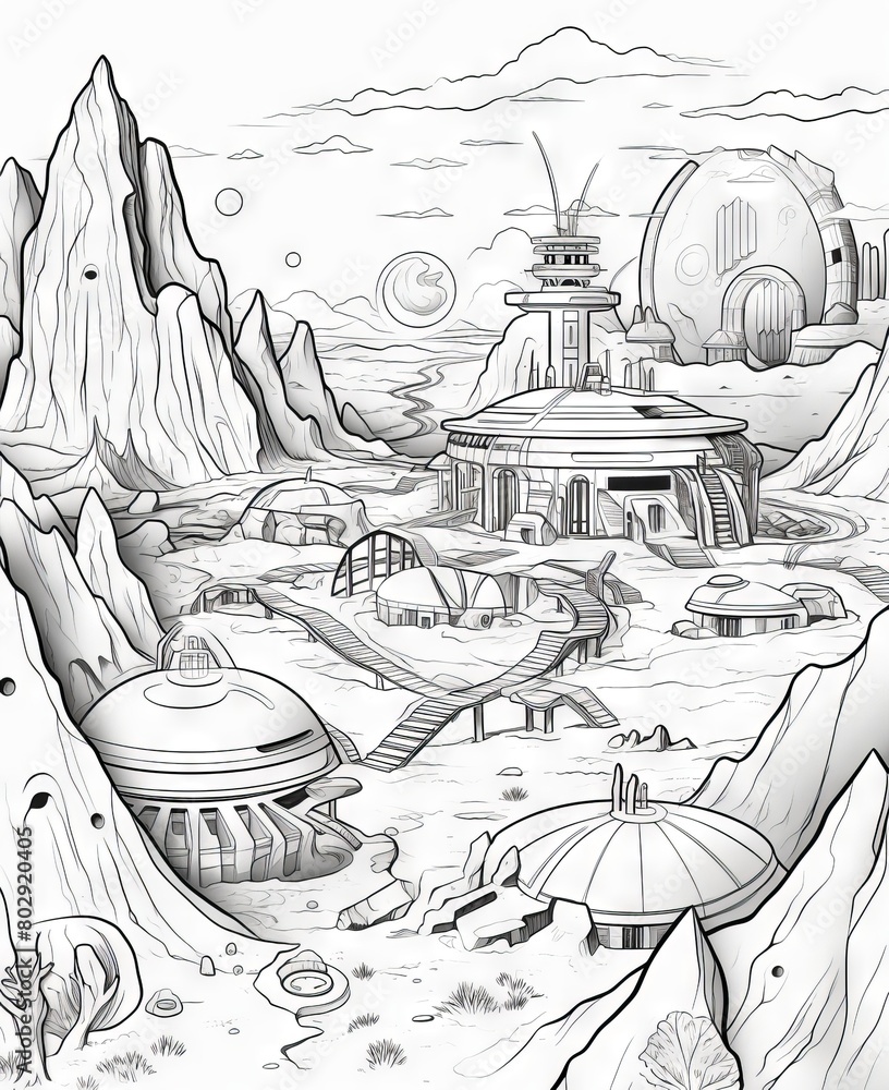 Coloring book page for kids and adults of a a futuristic city on ...