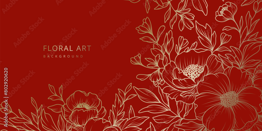 Luxury floral red background with gold hand drawn flowers. Vector ...