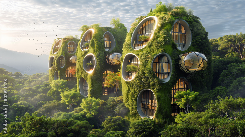 Visualize a future where humans live in harmony with nature, using ...