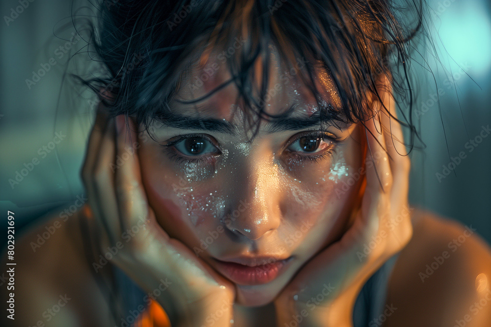 AI generated illustration of a close-up portrait of a woman crying ...