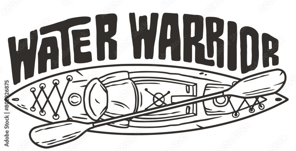 Black and white line art kayak labeled water warrior, encapsulated by ...