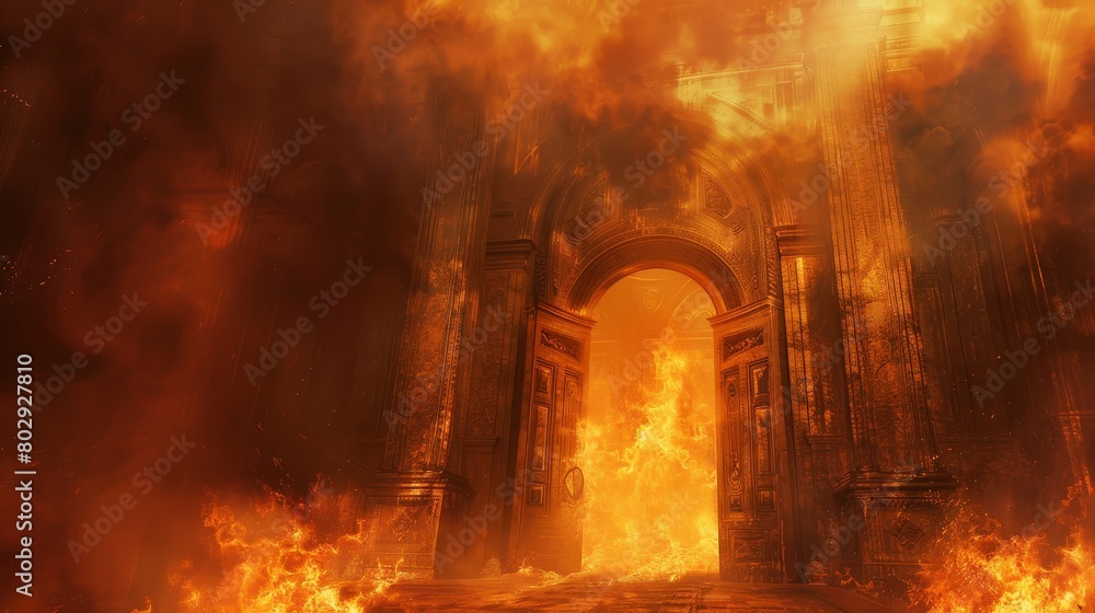 The imposing gates of hell open, with Charon, the ferryman of the dead ...