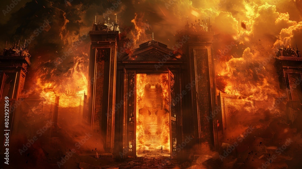 The imposing gates of hell open, with Charon, the ferryman of the dead ...