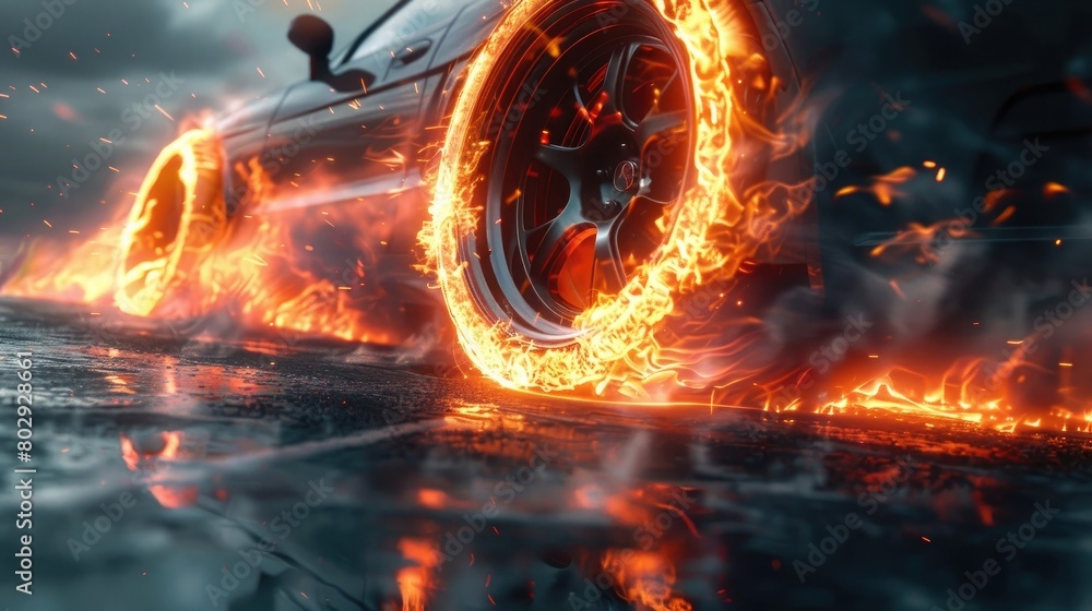 Burnout tire flames and smoke, drifting wheels concept art, highs speed ...
