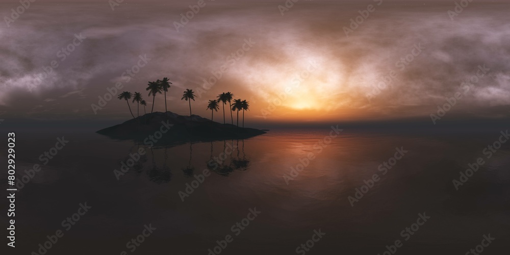 Tropical island with a palm tree at sunset. HDRI, environment map ...