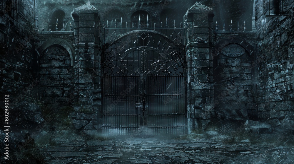 Ominous gates crafted from dark stone and iron, etched with symbols of ...