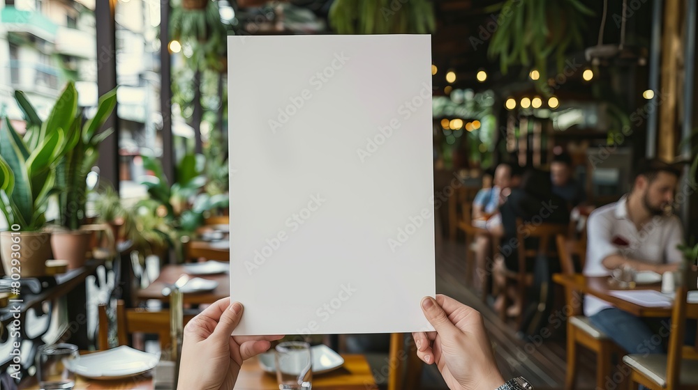 Hand holding a blank paper poster design for a restaurant menu ...