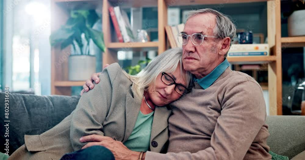 Old couple, hug and grief comfort on sofa in home for mental health ...