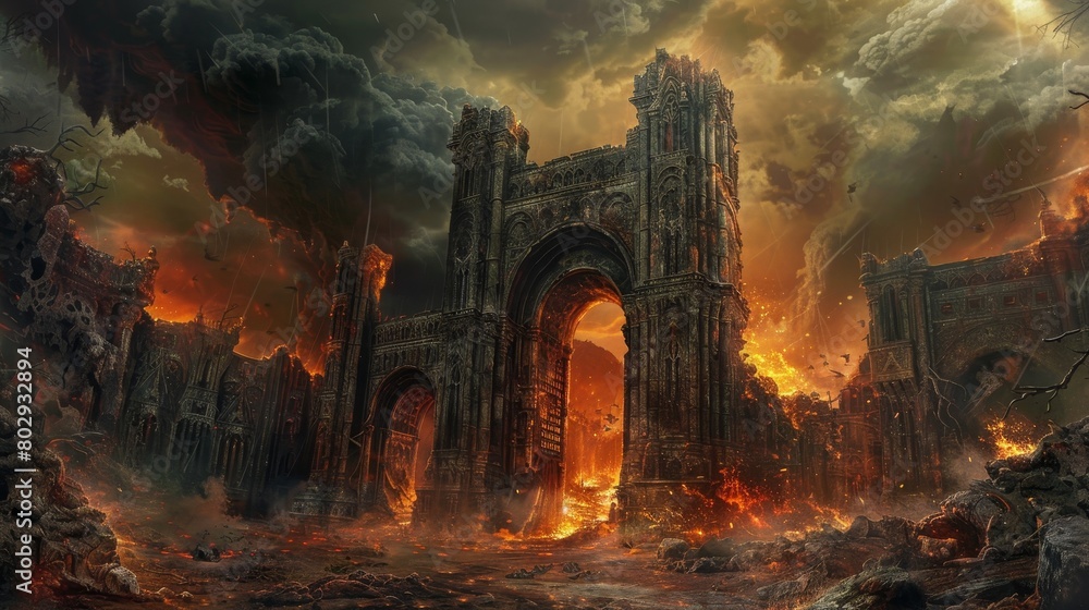 Majestic yet terrifying gates of hell, with powerful guardians and ...