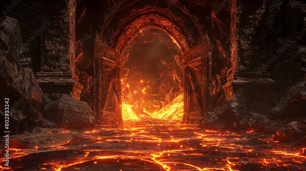 Intimidating gates of a dungeon set against a backdrop of hell ...