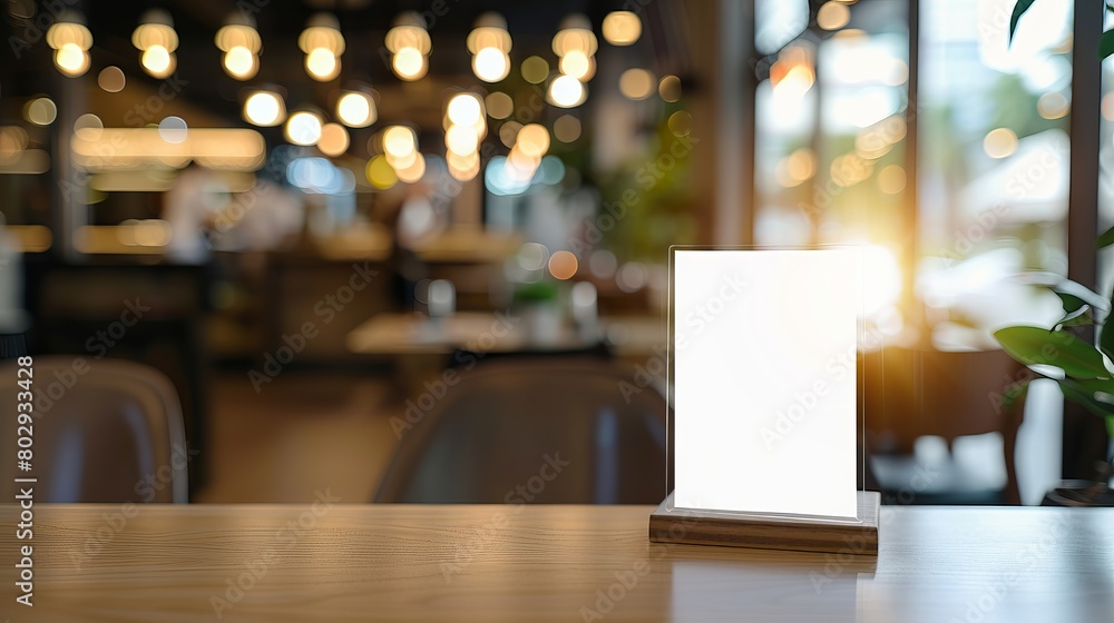 Mockup of a menu frame in a bar restaurant, positioned on a wooden ...