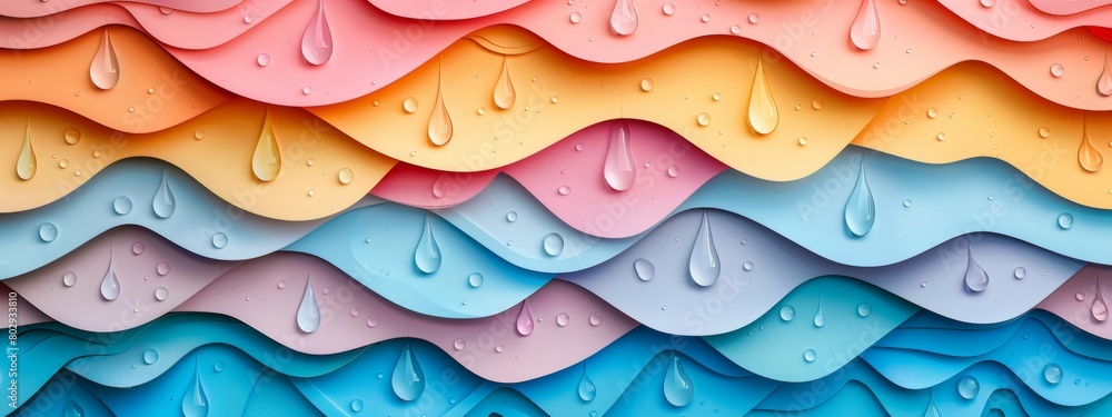 A background of layered paper cutouts depicting raindrops in various ...