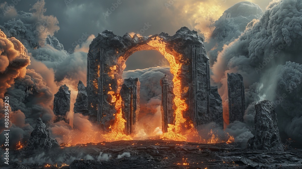 Gates of hell set against a volcanic backdrop with a fire lava podium ...