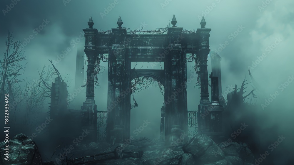 Fantasy game-inspired gates leading to hell, crafted from dark, twisted ...