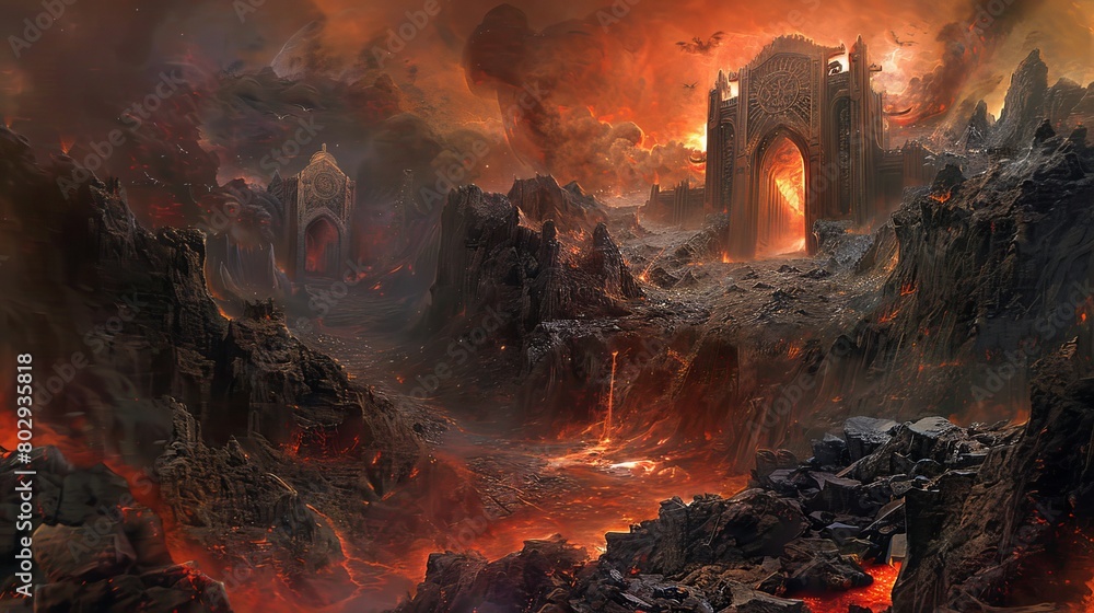 Dramatic portrayal of hell's gates at the bottom of a deep chasm ...