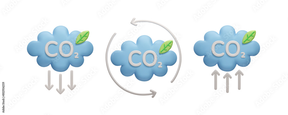 CO2 emission reduction, carbon neutral 3D vector icon set. Zero carbon ...