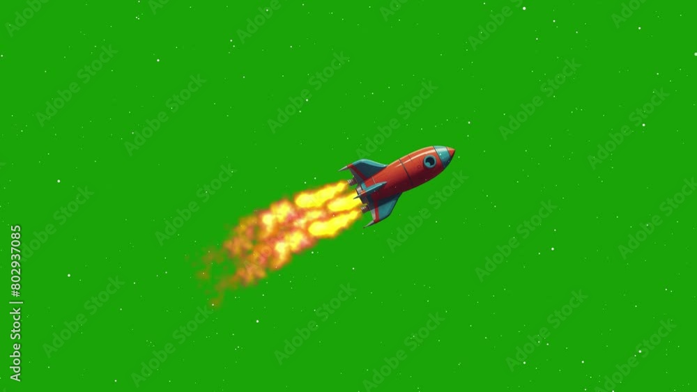 Rocket Flying On Green Screen Background With Burning Fire Animation ...
