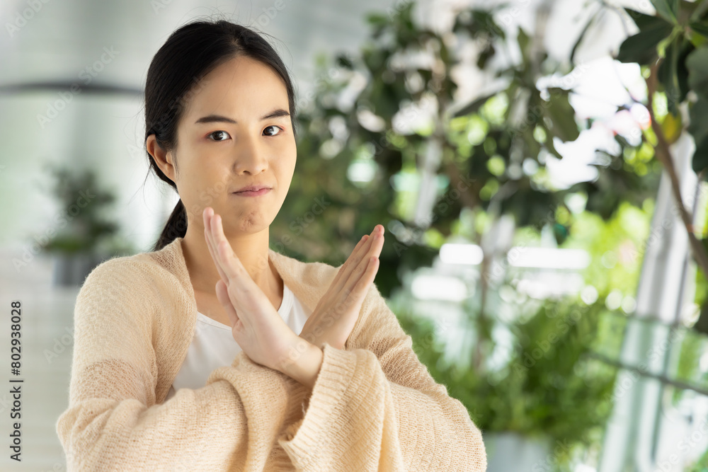 Angry Asian Woman Expressing Disagreement with X crossing arms Gesture ...