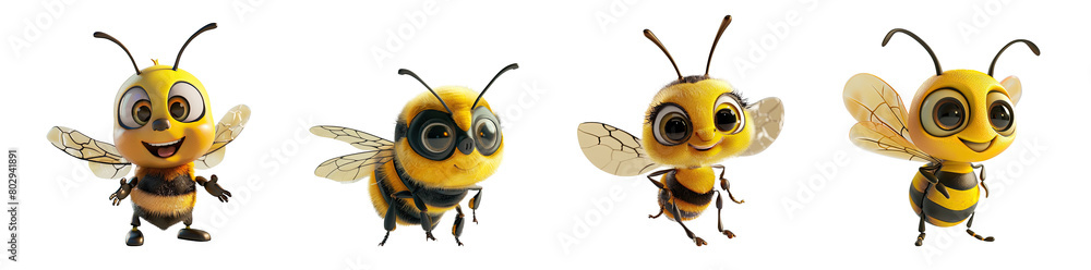 Set of 3D cute happy cartoon bee, isolated on white background, png ...