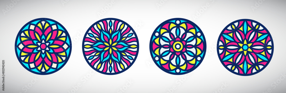 Stained glass vector illustrations collection. Circle shape, stylize ...
