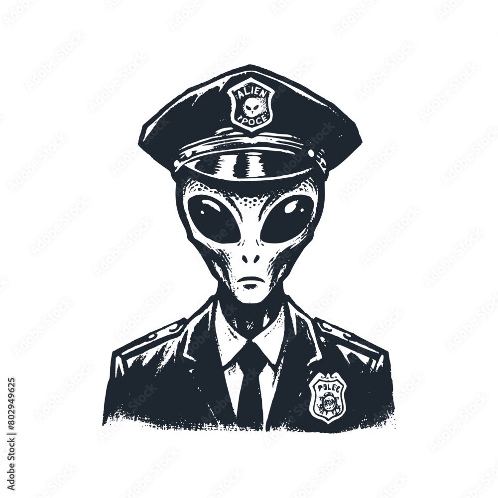 The Alien wear police officer uniform. Black white vector logo ...