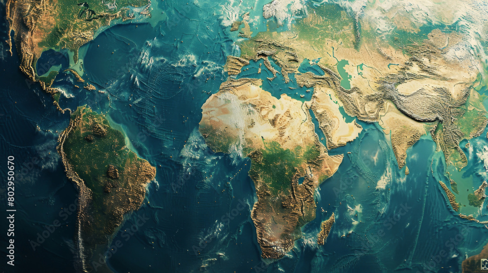 High-detail textured map of the earth showing continents, relief, and ...