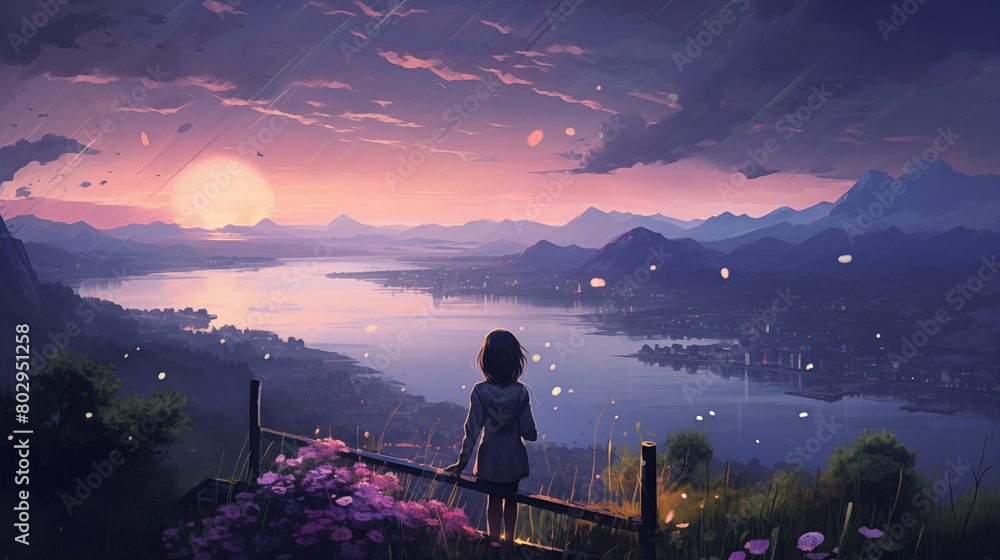 Lonely girl overlooks serene lake at sunset 2D cartoon illustration. Blooming flowers, distant ...
