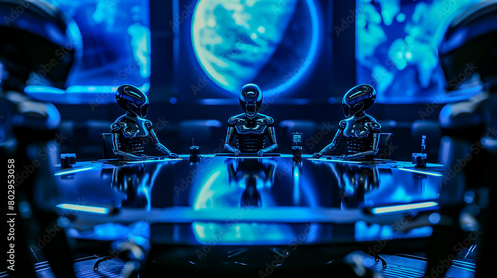 Illustrate the meeting of alien ambassadors within a holographic ...