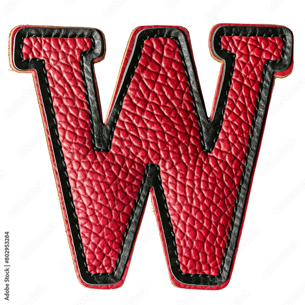 the letter 'W' with a RED leather texture with black sewing, SANS SERIF ...