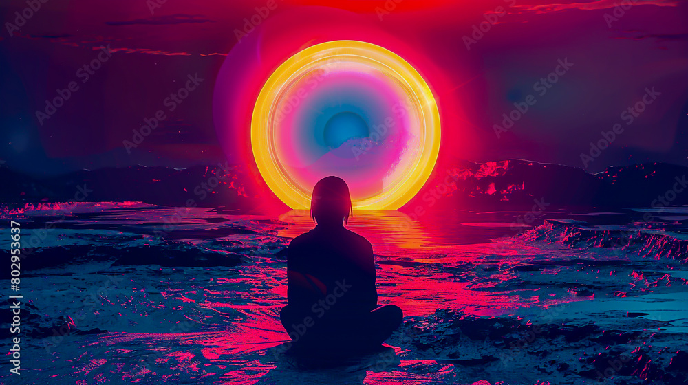 Utilize a surreal color palette and abstract shapes to represent the ...