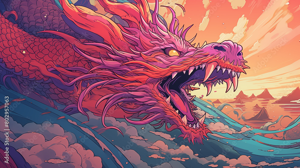 Dynamic red dragon flying over blue sea waves 2D cartoon illustration ...