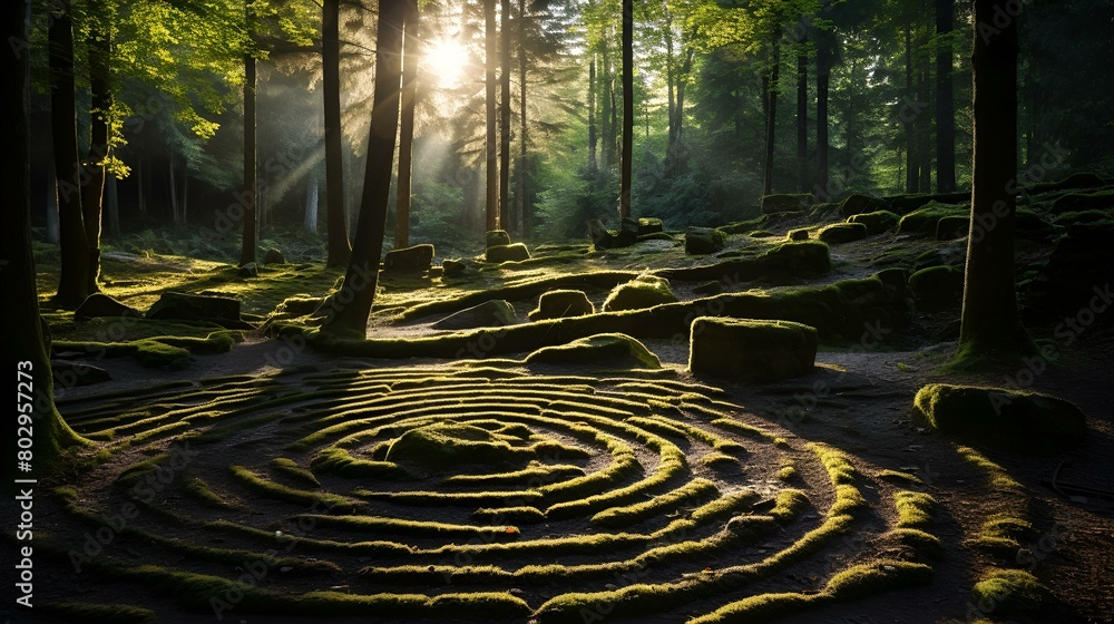 A mesmerizing forest labyrinth, with towering trees and winding paths ...