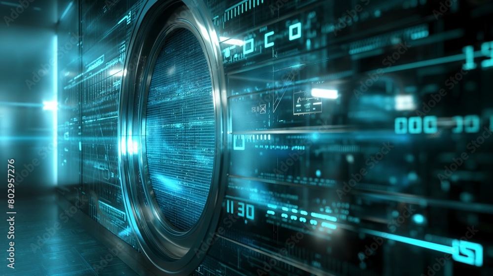 A holographic vault door, seamlessly blending into a digital wall, only visible to those with ...