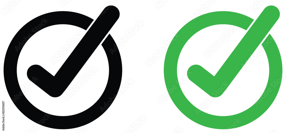 black and green check mark icon. Tick symbol in green color, vector ...