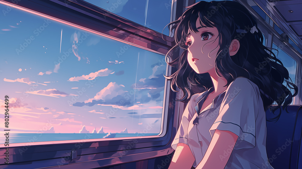 Anime girl gazing out train window at sunset sky 2D cartoon ...