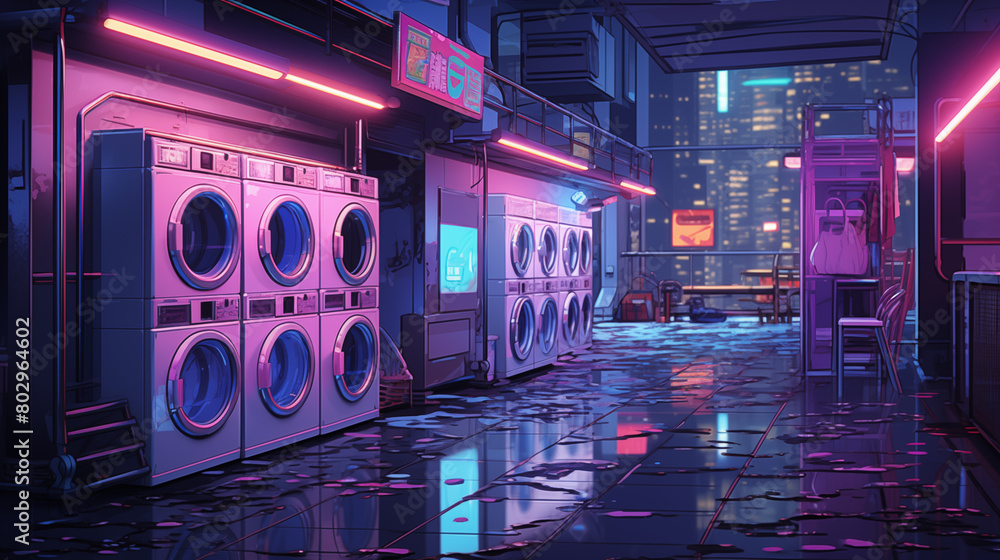 Neon lights cast futuristic glow on laundromat 2D cartoon illustration ...