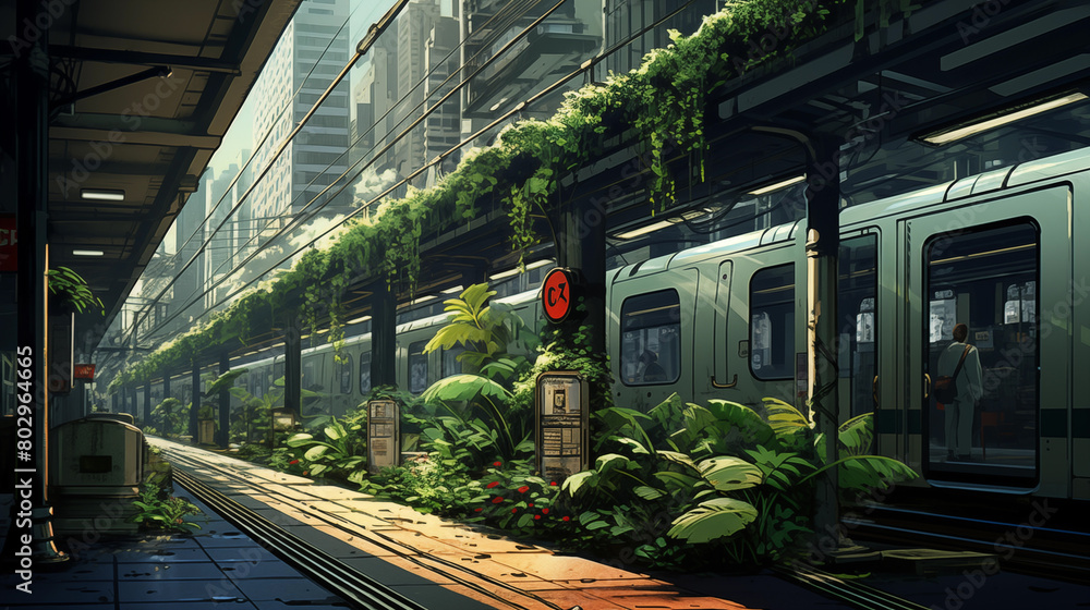 Train station with rich greenery alongside platform 2D cartoon ...